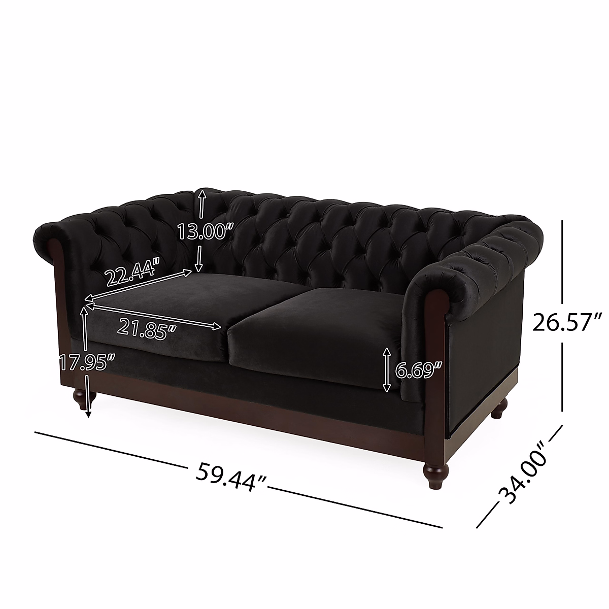 LUMISOL 59" Chesterfield Loveseat with Rolled Arms, Modern Velvet Sofa 2-Seater Tufted Couch with Nailhead and Solid Wood Legs for Living Room, Bedroom, Office, Black