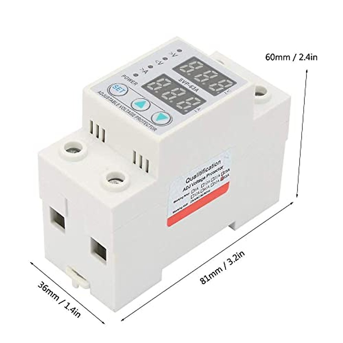 Double LED Display Single Phase Adjustable Voltage Current Protector Voltage Protective Device AC230V 63A 81 x 36 x 60mm