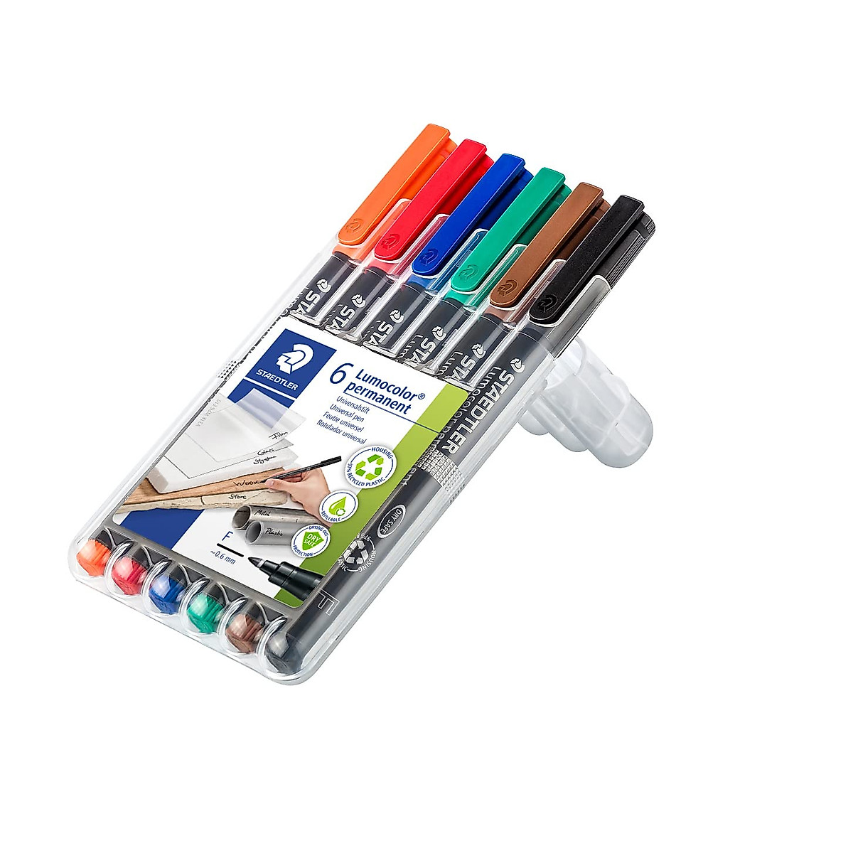 Staedtler Lumocolor Universal Pen, Fine, Felt Tip, Permanent Marker, Box of 6 Assorted Color Pens, 0.6mm 318 WP6