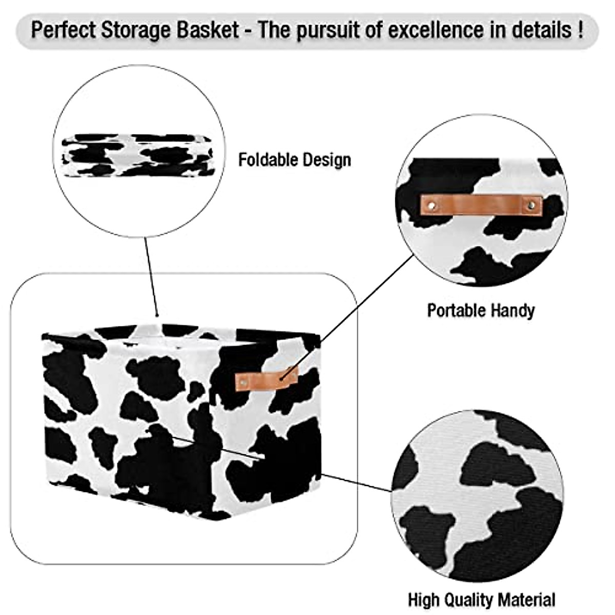 Cow Animal Print Storage Basket Bins for Organizing Shelves/Bathroom/Pantry/Closet/Clothes, Black and White Camo Print Collapsible Storage Cube Box Toys Organizer with Handles 1 Pc
