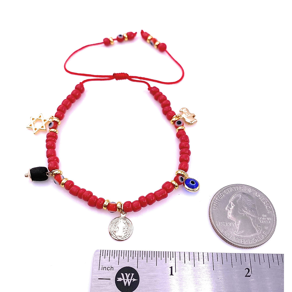 LESLIE BOULES Saint Benedict Protection Red Bracelet for Women Lucky Multi Charms & Genuine Azabache Pendant
