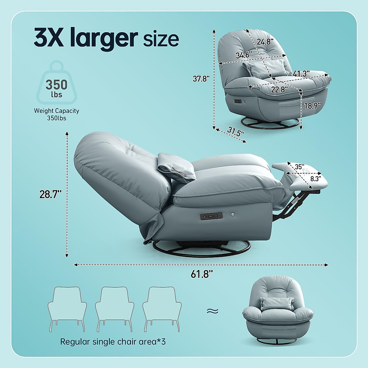 COOSLEEP Oversized Power Swivel Recliner Chair Rocker with 43.5'' Oversized Sitting Width and 270° Swivel,360° Surround Sound and Breathing Lighting,Comes with a 3-in-1 Pillow, 380 Lbs Capacity(Blue)