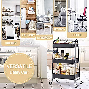 KINGRACK 3-Tier Rolling Cart, Metal Rolling Storage Cart with Lockable Wheels, Mobile Trolley Cart for Kitchen, Bathroom, Office, Workshop, Black