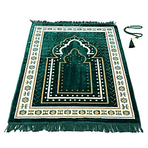 TB Islamic Prayer Rug Thick Soft Velvet Muslim Mat Unique Arabic Turkish African Embroidered Design Prayer Bead Daily Salah Prayer Meditation Ramadan Eid Gift for Women Men Kids (Green)