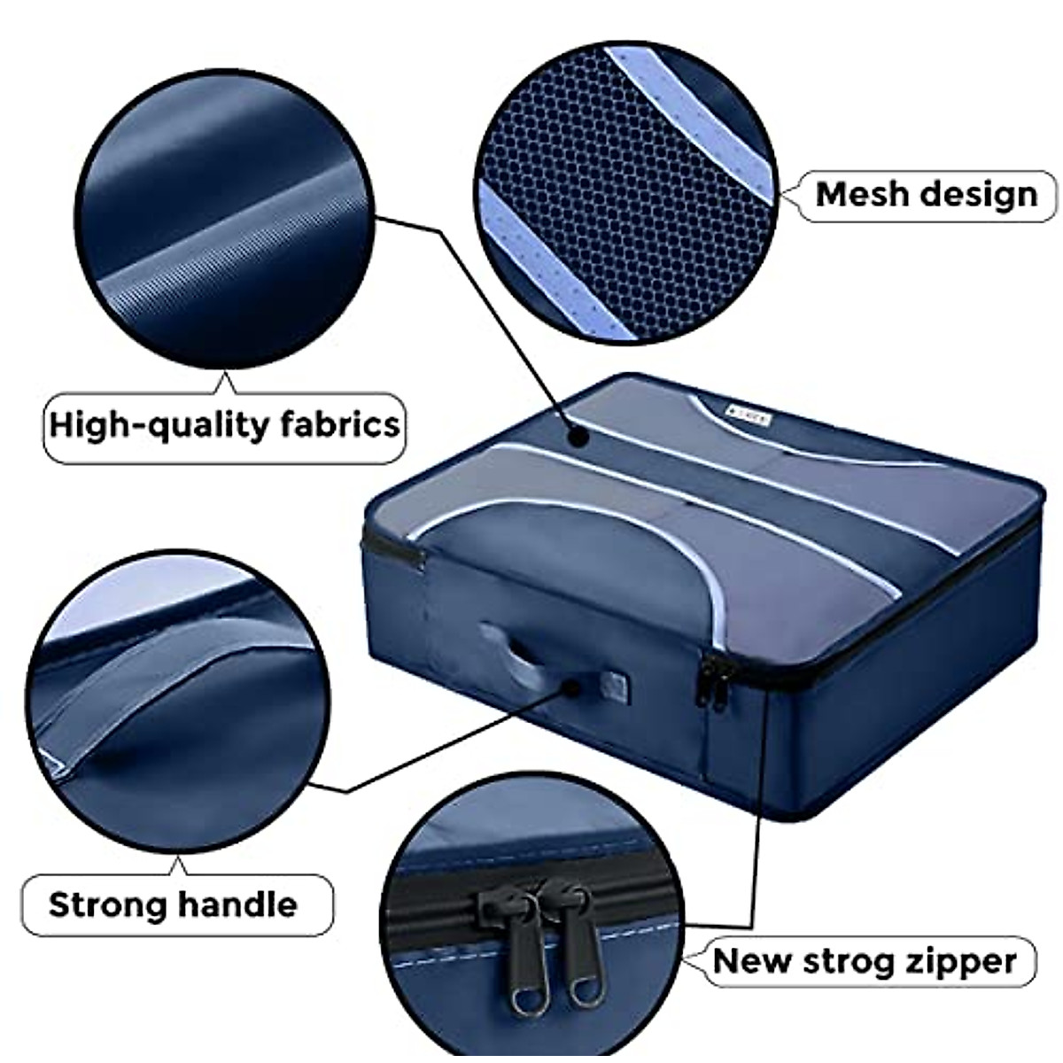 Packing cubes for essential travel - Set of 8 pcs of compression organizer for carry on suitcase, luggage mesh bags for accessories and clothing, laundry bag included (NAVY BLUE)