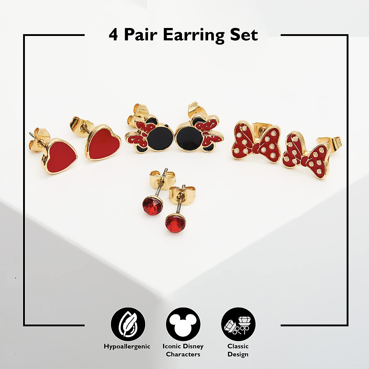 Disney Minnie Mouse Girls Earrings 4-Pack Official License, Red Crystal and Enamel-Plated Stud Earrings for Girls