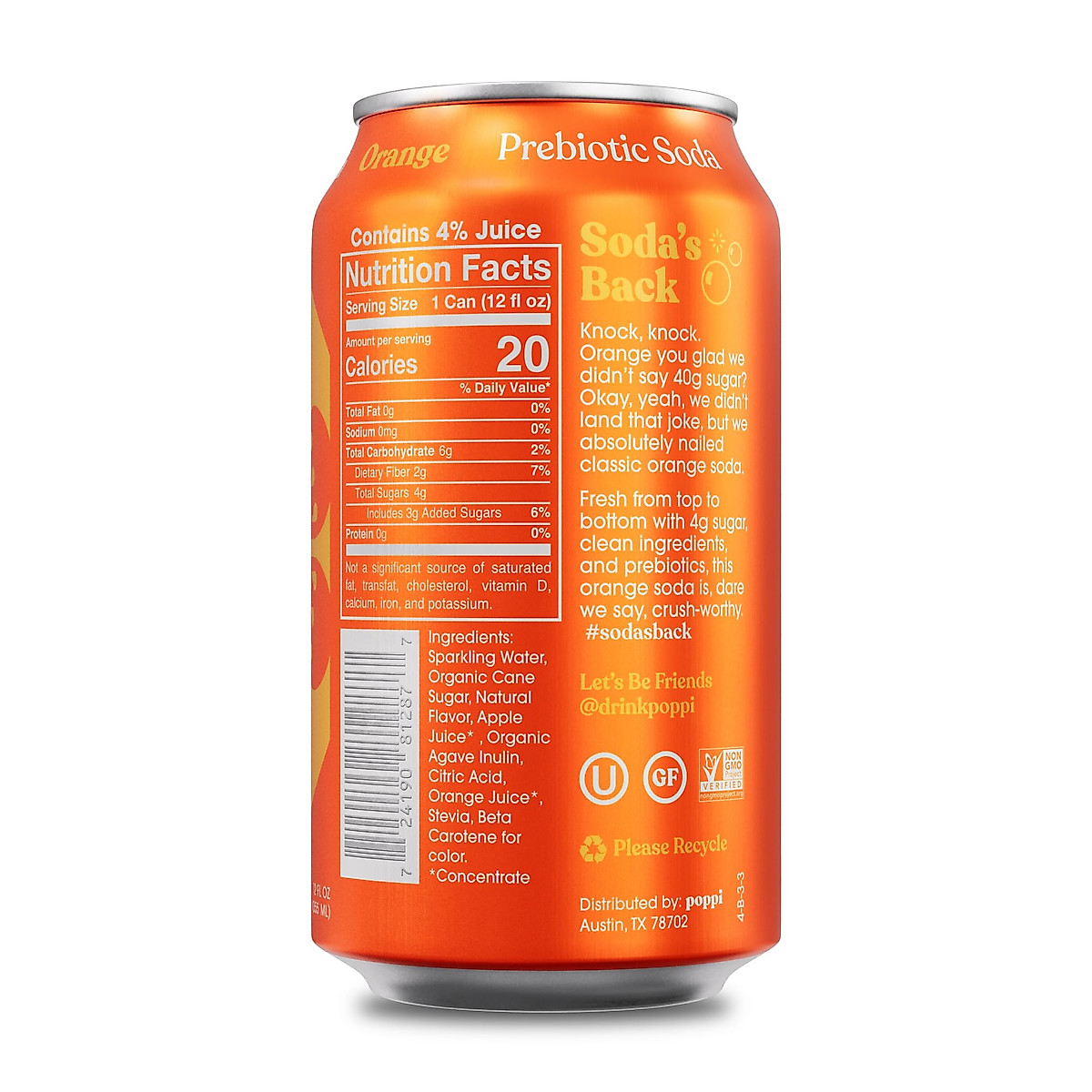 POPPI Sparkling Prebiotic Soda, Beverages w/Apple Cider Vinegar, Seltzer Water & Fruit Juice, Orange, 12oz (12 Pack) (Packaging May Vary)