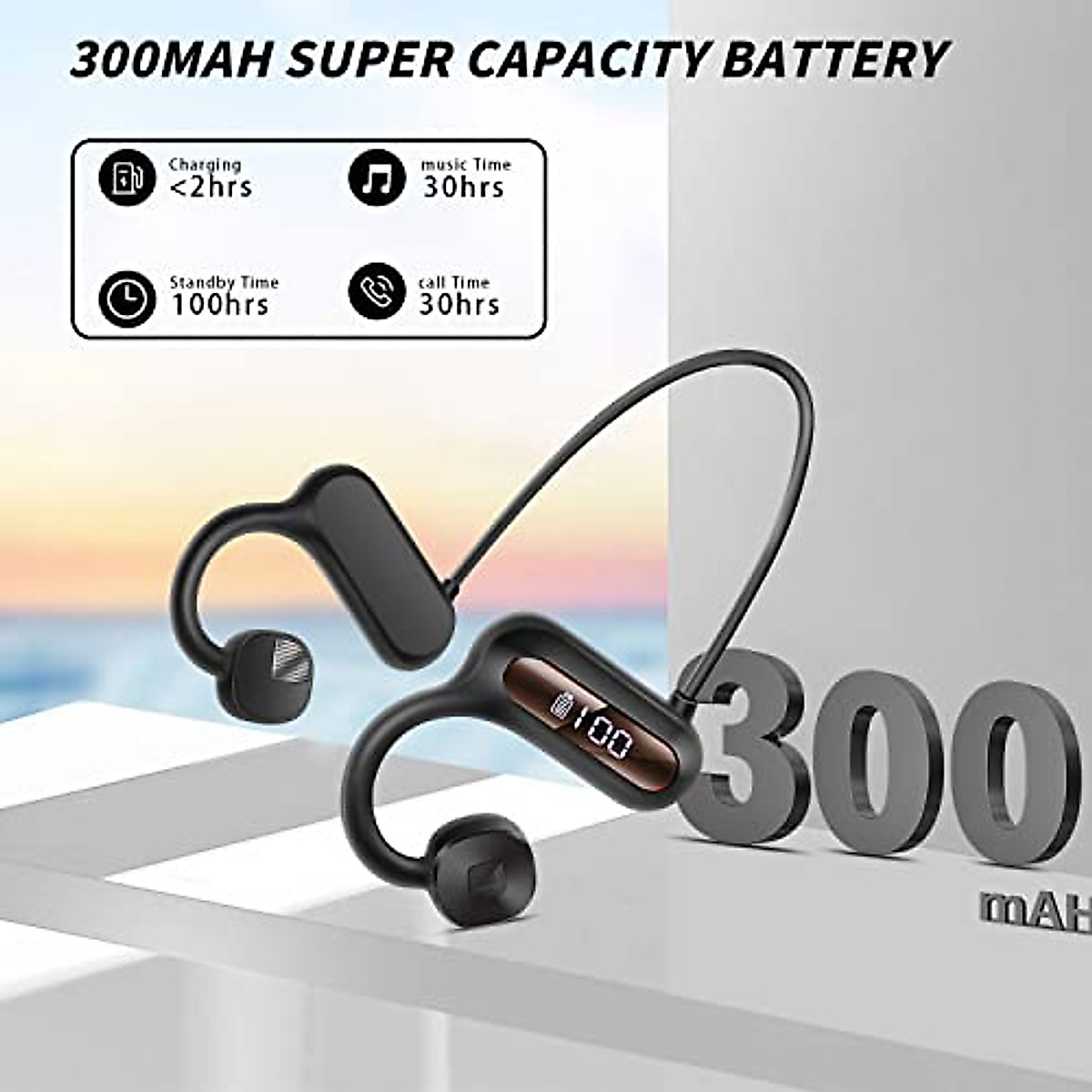 Open Ear Headphones Wireless Bluetooth 5.3 Air Conduction Headphones with with Built-in Mic, 30Hrs Sports Headset With Power Display HiFi Stereo Sound Earphones for Running, Cycling, Workouts (Black)