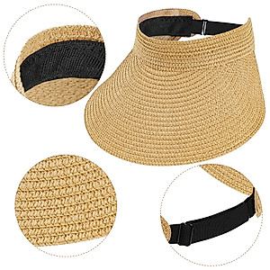 Straw Sun Visors Womens, Ponytail Beach Straw Visor, Packable Summer Sun Hats for Women Travel Khaki