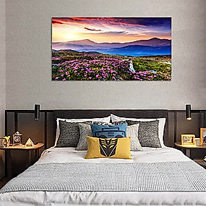 Ardemy Purple Mountain Canvas Wall Art Landscape Picture Prints Modern Painting, Wildflowers Scenery Artwork Ready to Hang for Living Room Bedroom Bathroom Home Office Decor, One Panel Framed 40"x20"