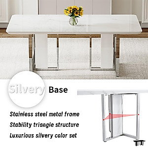 67" Dining Table,White Gloss Kitchen Table,1.57" Thick MDF Board Table Top Coated by Faux Marble Pattern with Chrome Plate Metal Base,Modern Dining Table for 6-8 People