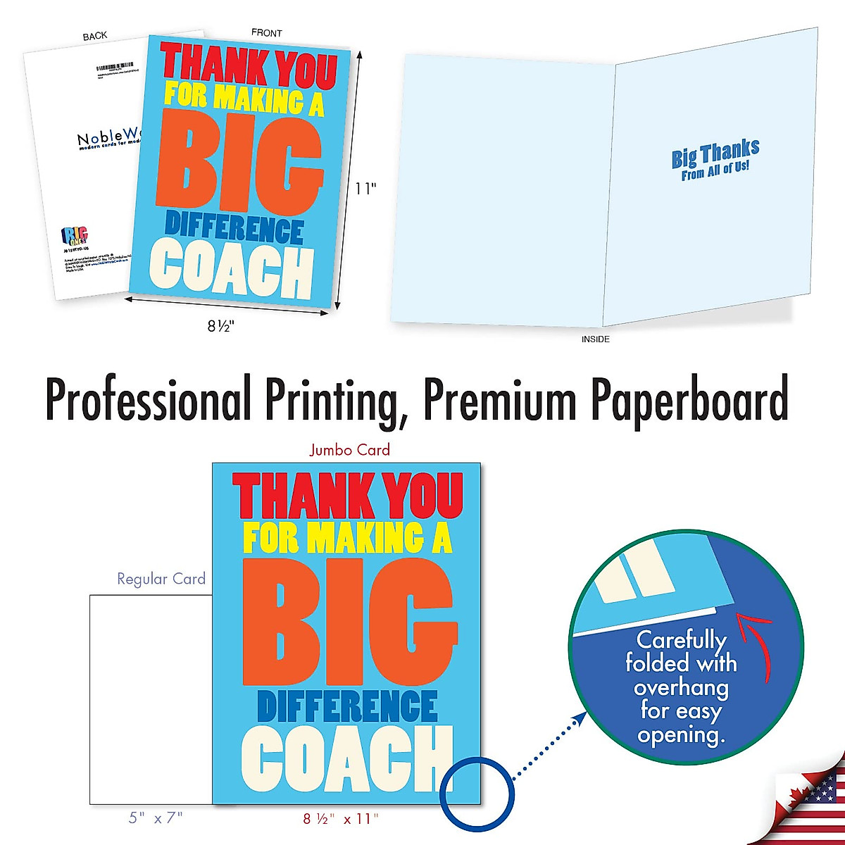 NobleWorks - 1 Jumbo Coach Thank You Greeting Card from Us (8.5 x 11 Inch) with Envelope, Team Sports Athlete, Oversize Note for School Teacher - Big Difference Coach J8159TYG-US