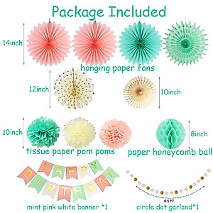 Mint Peach Birthday Party Decorations Mint Green Cream Pink Paper Fans Happy Birthday Banner Circle Dot Garland Baby Shower Bridal Shower Women Grils Mint Birthday Party Decorations