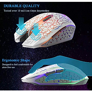 VEGCOO C10 Wireless Gaming Mouse, Rechargeable Gaming Mouse, Silent Optical Mice with 2.4G USB Receiver, 3 Ajustable DPI, 7 Colorful LED Lights for Gamer (White)