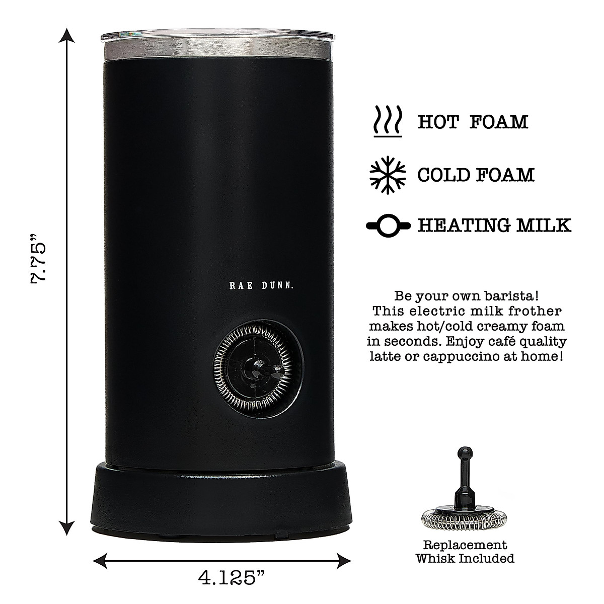 Rae Dunn Electric Milk Frother Steamer -Stylish Automatic Milk Steamer and Frother, Milk Warmer, Hot and Cold Foam Maker for Coffee, Latte, Cappuccino, Macchiato - 550 Watt (Black)