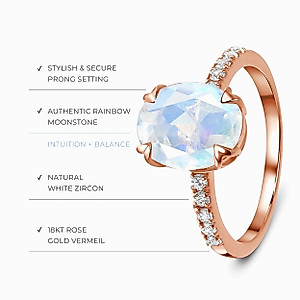 Moon Magic - Authentic Moonstone Ring - Harlow/June Birthstone Rings for Women / 18k Rose Gold Rainbow Moonstone Rings for Women/Genuine Moonstone Jewelry