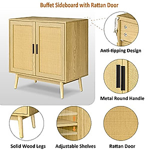 Mufico Buffet Sideboard Cabinet,Rattan Storage Cabinets with Door and Shelves, Accent Console Coffee Bar for Bar, Dining Room, Hallway, Cupboard Living Room