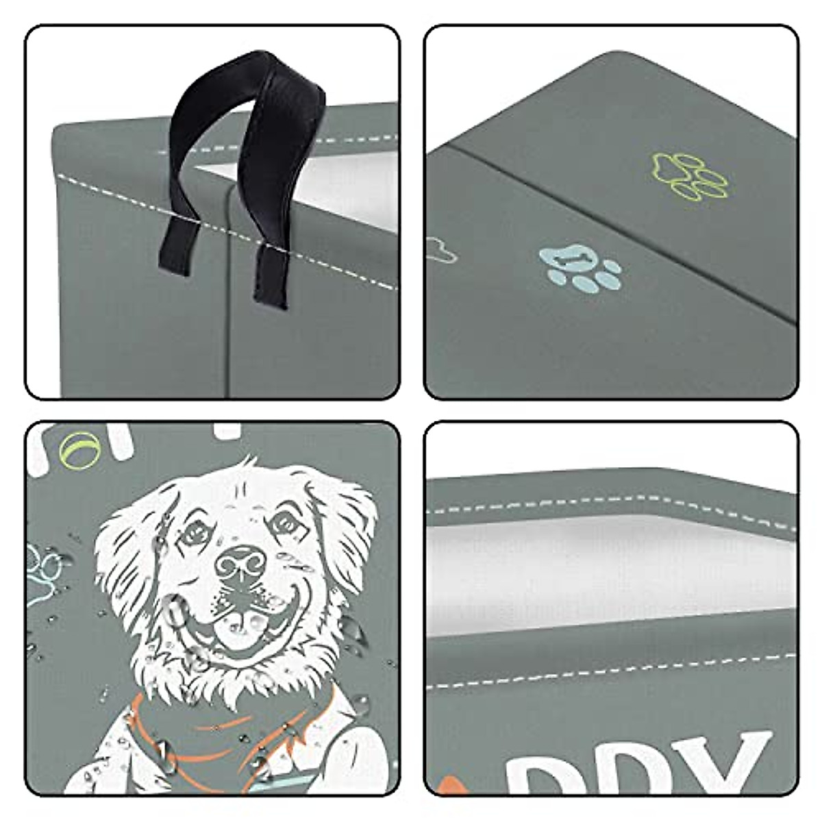 Clastyle Collapsible Happy Dog Toy Storage Bin with Handle Grey Rectangular Puppy Storage Basket for Pets Toys Clothes Leashes, 15.7x11.8x11.8 in