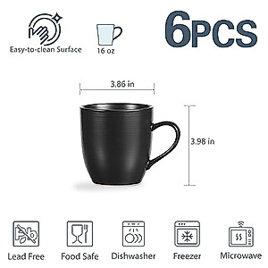 ONEMORE Coffee Mugs Set of 6, 16 oz Ceramic Mug with Handle for Tea Cocoa Milk Juice Latte Cappuccino, Large Coffee Cups for Men Women Home or Office Use Dishwasher & Microwave Safe, Black