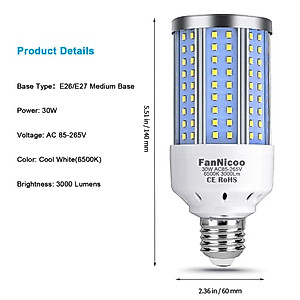 2-Pack 200W Equivalent LED Corn Light Bulb 3000 Lumen 6500K Cool White Daylight 30W LED Corn Lamp E26/E27 Medium Base for Indoor Outdoor Warehouse Garage Basement Backyard Factory Barn and Many Areas