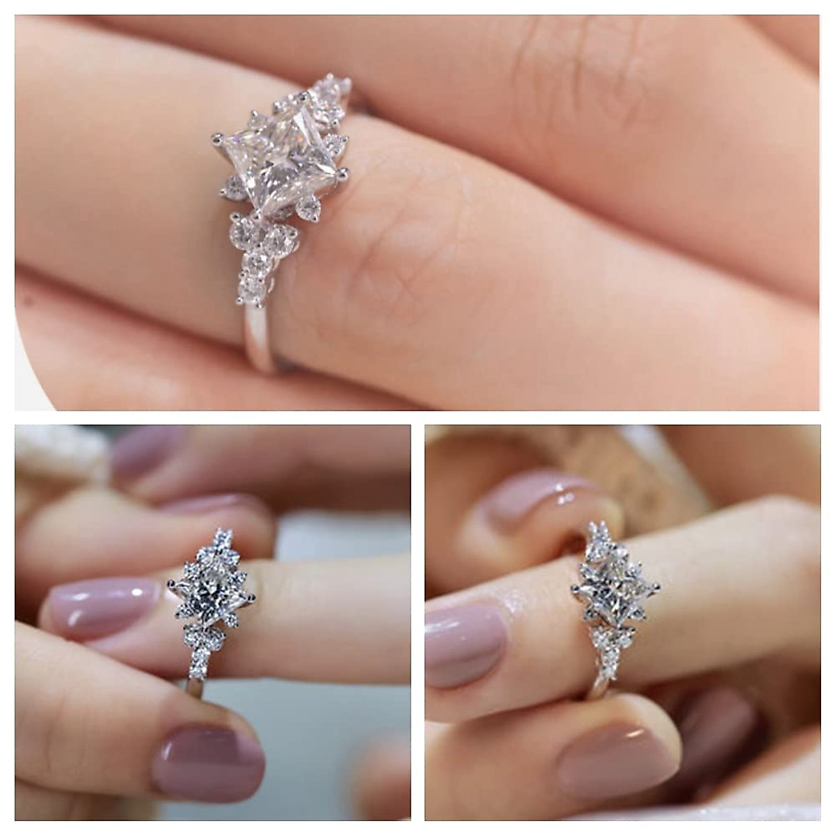 Unique Engagement Rings for Women Princess Cut 1-1/3 Carat(ctw) Moissanite Engagement Ring Platinum Plated Silver 10K 14K 18K Gold Wedding Anniversary Promise Rings with Text Engraving(Platinum Plated Silver)