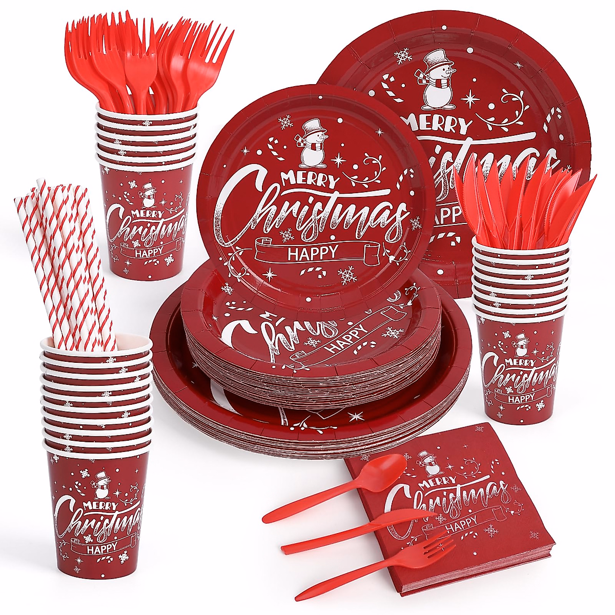 Merry Christmas Tableware Set for 25 Guests, Red Paper Plates Set with Plates Napkins Cups Straws Cutlery for Christmas Party Supplies, 200 pcs Disposable Party Dessert Dinnerwares