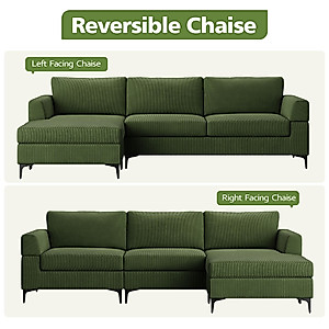 POUUIN 96" Corduroy Sectional Sofa Couch,L Shape Couches for Living Room,3 Seat Reversible Chaise Sofa Convertible Lounge Corner Sofa Living Room Furniture Set (Green)