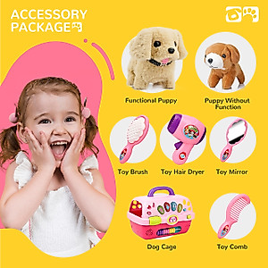 BELLOCHIDDO Dog Toys for Kids, Pretend Play Puppy Dog Toy for Kids with Interactive Electric Dog, 7 Piece Pet Care Playset with Carrier, Educational Toys for 1 2 3 4 5 6 Old Girls