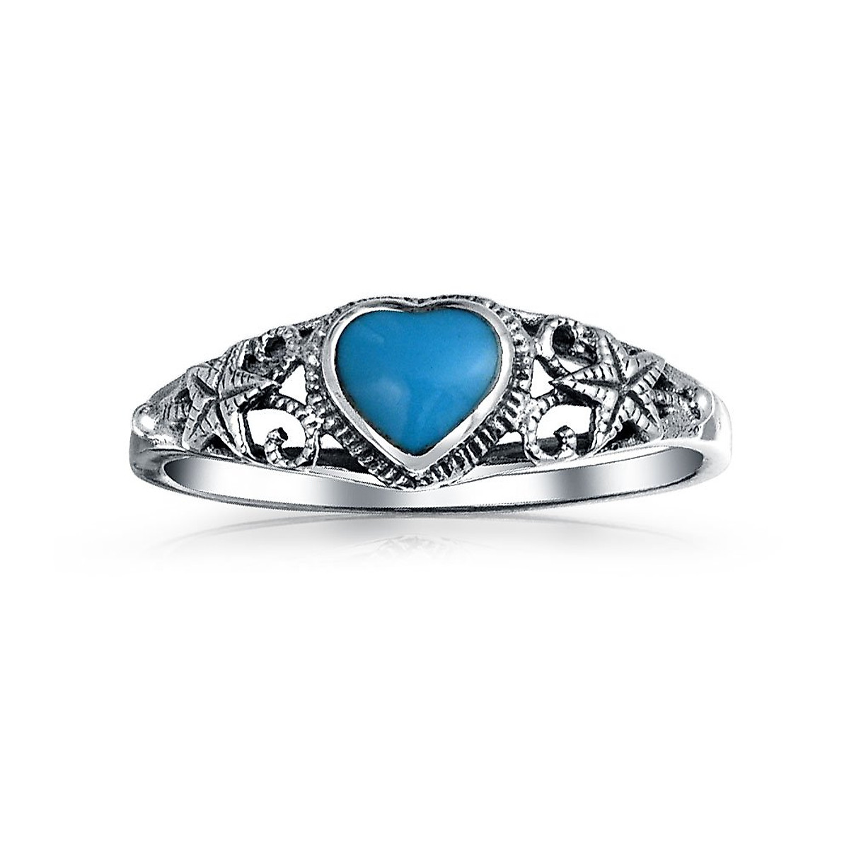 Nautical Starfish Stabilized Turquoise Heart Band Ring For Women For Teen Oxidized Sterling Silver December Birthstone