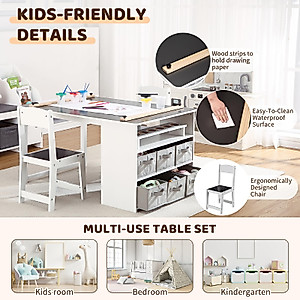 GarveeHome Kids Art Table and Chairs Set, Living and Learning Kids' Art Table and Stool Set with Large Storage Desk and Portable Art Supply Organizer, Kids Activity Table, Drawing and Painting Desk