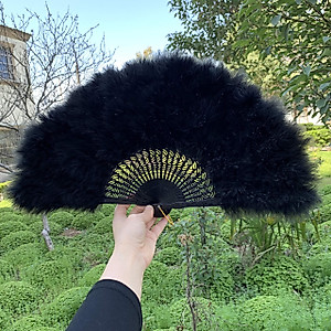 9 Colors Marabou Large Feather Fan 23"X12"for Dancing, Party, Wedding,Bridal Bouquet Deco (Black w/Black Staves)