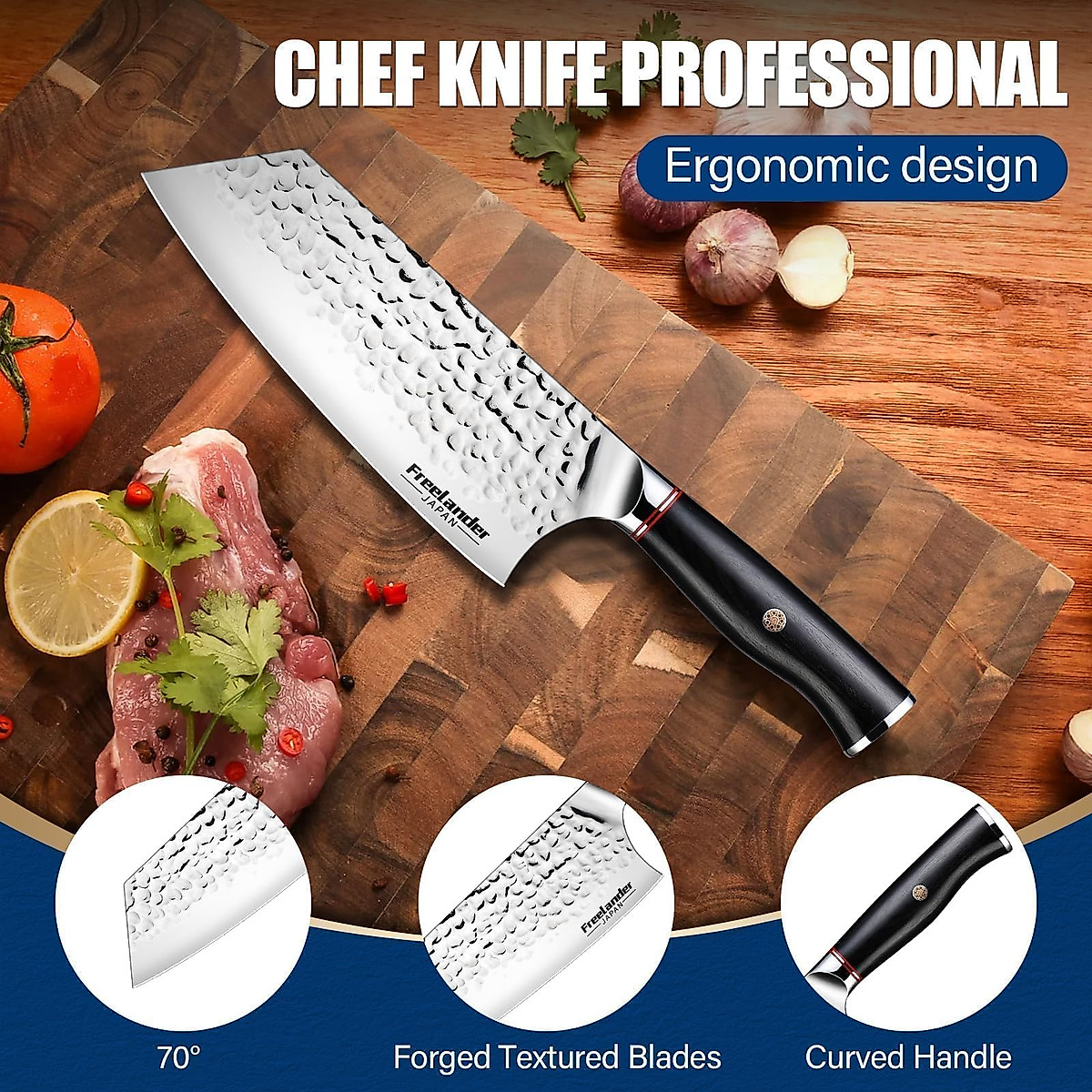 Freelander Chef Knife, 7.72 Inch High Carbon Meat Cleaver Knife, Professional Japanese Stainless Steel Knife for Meat and Vegetables - Ergonomic Handle for Home and Kitchen