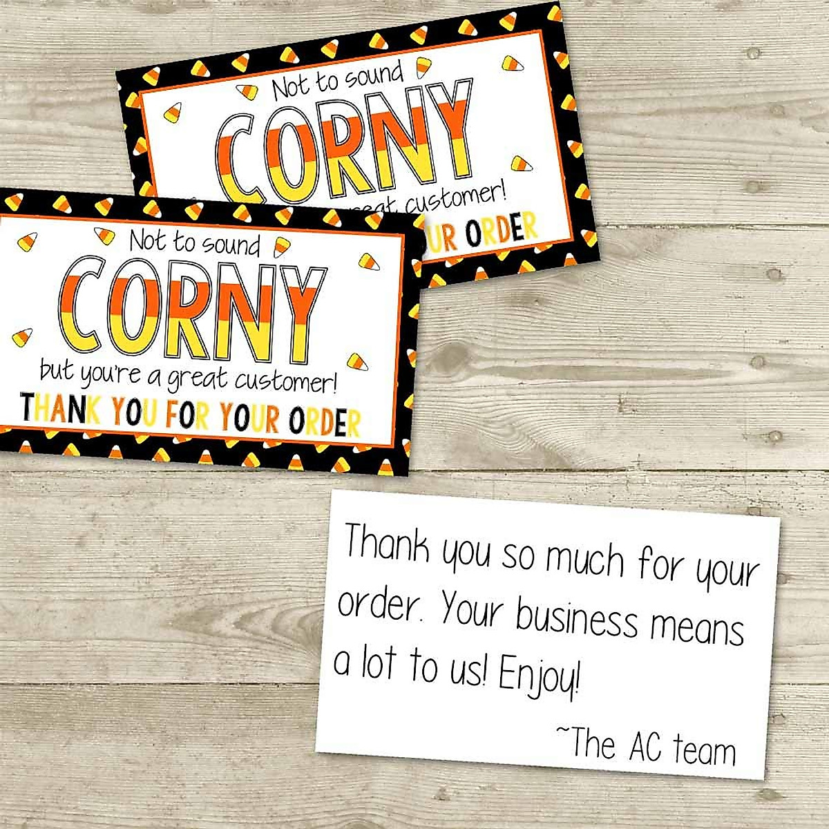 Funny Candy Corn Halloween Treat Themed Thank You Customer Appreciation Package Inserts for Small Businesses, 100 2" X 3.5” Single Sided Insert Cards by AmandaCreation