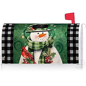 Texupday Winter Snowman With Cardinal Buffalo Check Plaid Decoration Mailbox Cover With Magnetic Strip Holiday Mailbox Wraps Post Letter Box Cover Standard Size 21" X 18" for Garden Outdoor Yard Decor