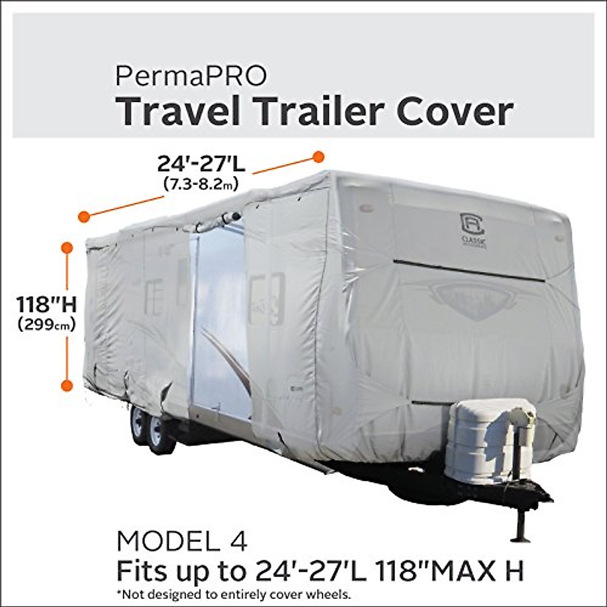Classic Accessories Over Drive PermaPRO Travel Trailer Cover, Fits 24' - 27' RVs, Camper RV Cover, Customizable Fit, Water-Resistant, All Season Protection for Motorhome, Grey