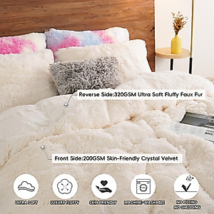 PHF Shaggy Fluffy Faux Fur Duvet Cover Set King Size,Luxury Warm Plush Comforter Cover for Winter Fall,3PCS Soft Lightweight Velvet Cozy Bedding Set with Furry Pillowcases,Aesthetic Room Decor,Cream