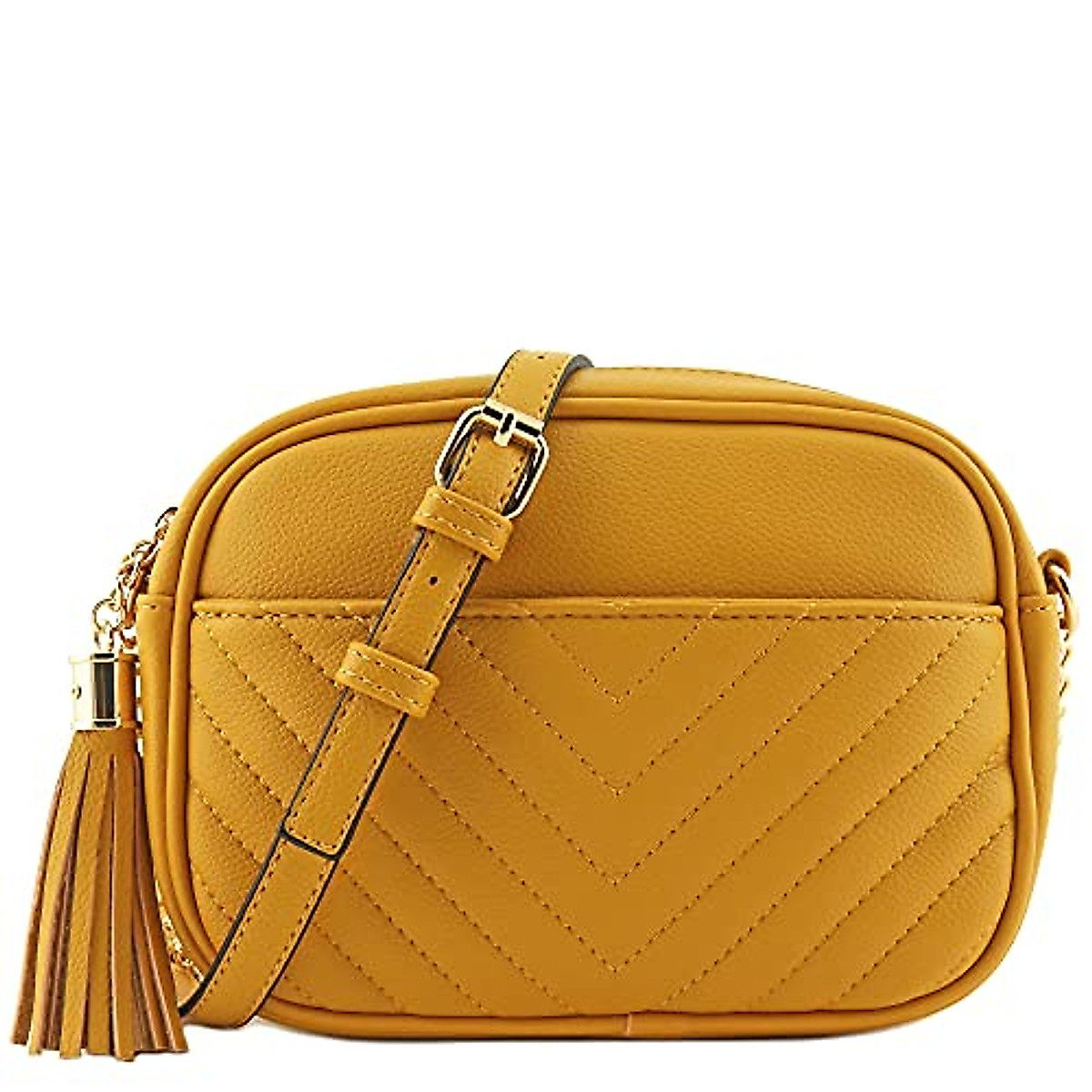 FashionPuzzle Chevron Quilted Crossbody Camera Bag with Chain Strap and Tassel (Mustard) One Size