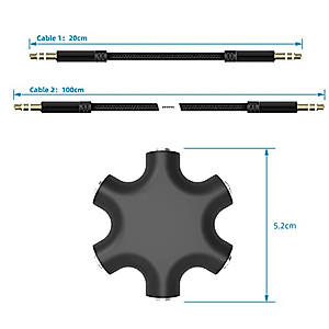 EBEETECH 3.5mm Multi Headphone Audio Splitter 5-Jack Female Connector Adapter with 3.5mm Stereo Cable 20cm & 100cm, 3-in-1Pack