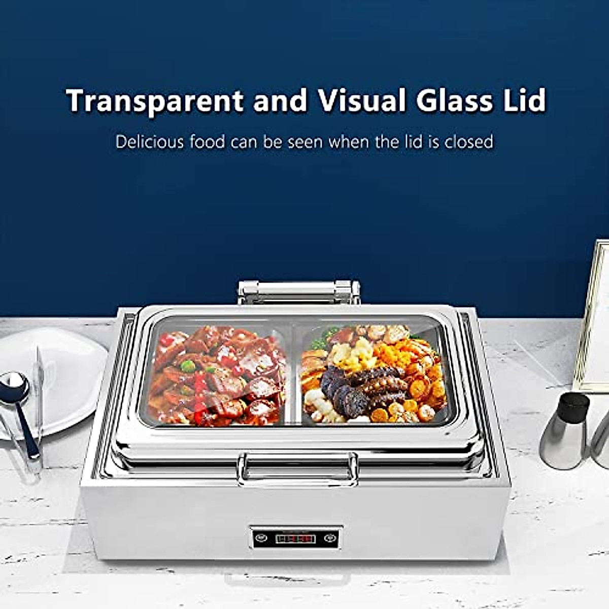 Electric Chafing Dishes - Stainless Steel Buffet Servers 9QT Food Warmer Commercial Chafing Dishes Temp Display Stainless Clear Lid&Handle for Catering (Steel A)