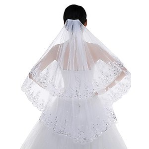 Edith qi 2 Tier Lace Silver Lined Beaded Edge Fingertip Length Bridal Wedding Veil,White,Free Size