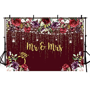 SENDY 7x5ft Burgundy Floral Mr & Mrs Backdrop Engagement Party Decorations for Couples Wedding Bride and Groom Engaged Ceremony Anniversary Bridal Shower Banner Gold Photography Background Photo Props