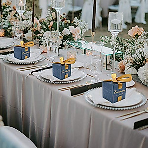 Yoption 50pcs Wedding Party Favor Boxes, Navy Blue Wedding Birthday Candy Boxes, Chocolate Treat Gift Boxes with Ribbon for Wedding Bridal Baby Shower Birthday Party Decoration, 2.5X2.5 X2.5 inches
