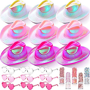 Coume 23 Pcs Cowboy Light up Hat Bulk Flashing Holographic Cowgirl Hats with Heart Sunglasses for Women Costume Accessories(Pink, White, Rose Red, Cute Style)