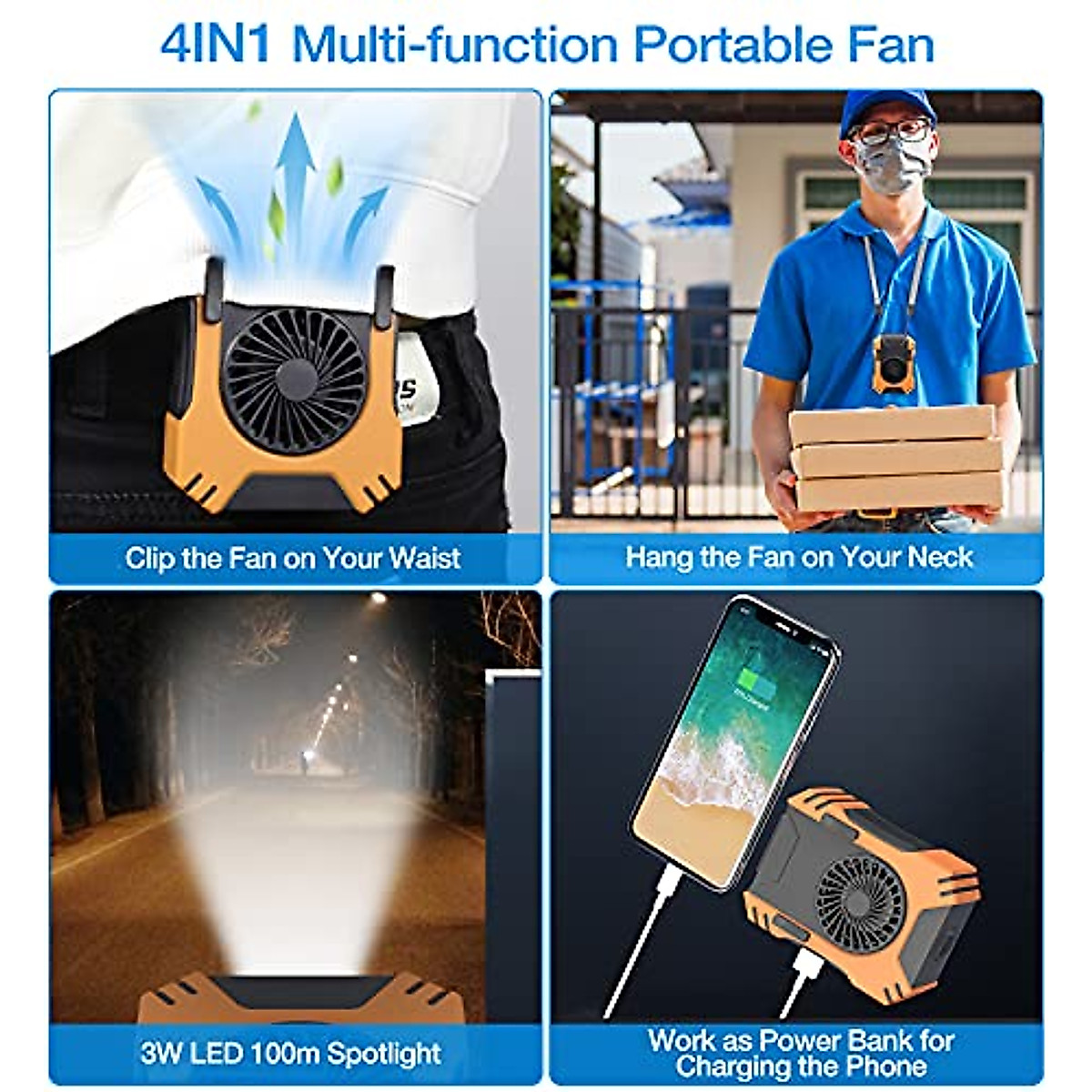FANCYWING 2023 4in1 Portable Mini Waist Clip Fan, Personal Necklace Cooling Fan with Flashlight Function for Outdoor Working, Hiking, Camping, Fishing- Rechargeable, 3 Speed, Strong Airflow