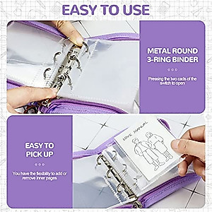 MultiBey Transparent Mini Binder 3 Ring, Glitter PVC Zipper Binder 3.7'' x 5.2'' for Cards Photos with 20 Card Slots (Purple)