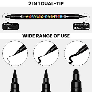 Tesquio Black and White Paint Marker, 8 Pack Dual Tip Acrylic Paint Pens with Medium Tip and Brush Tip, Ideal for Wood, Rock Painting, Canvas, Stone, Glass, Ceramic