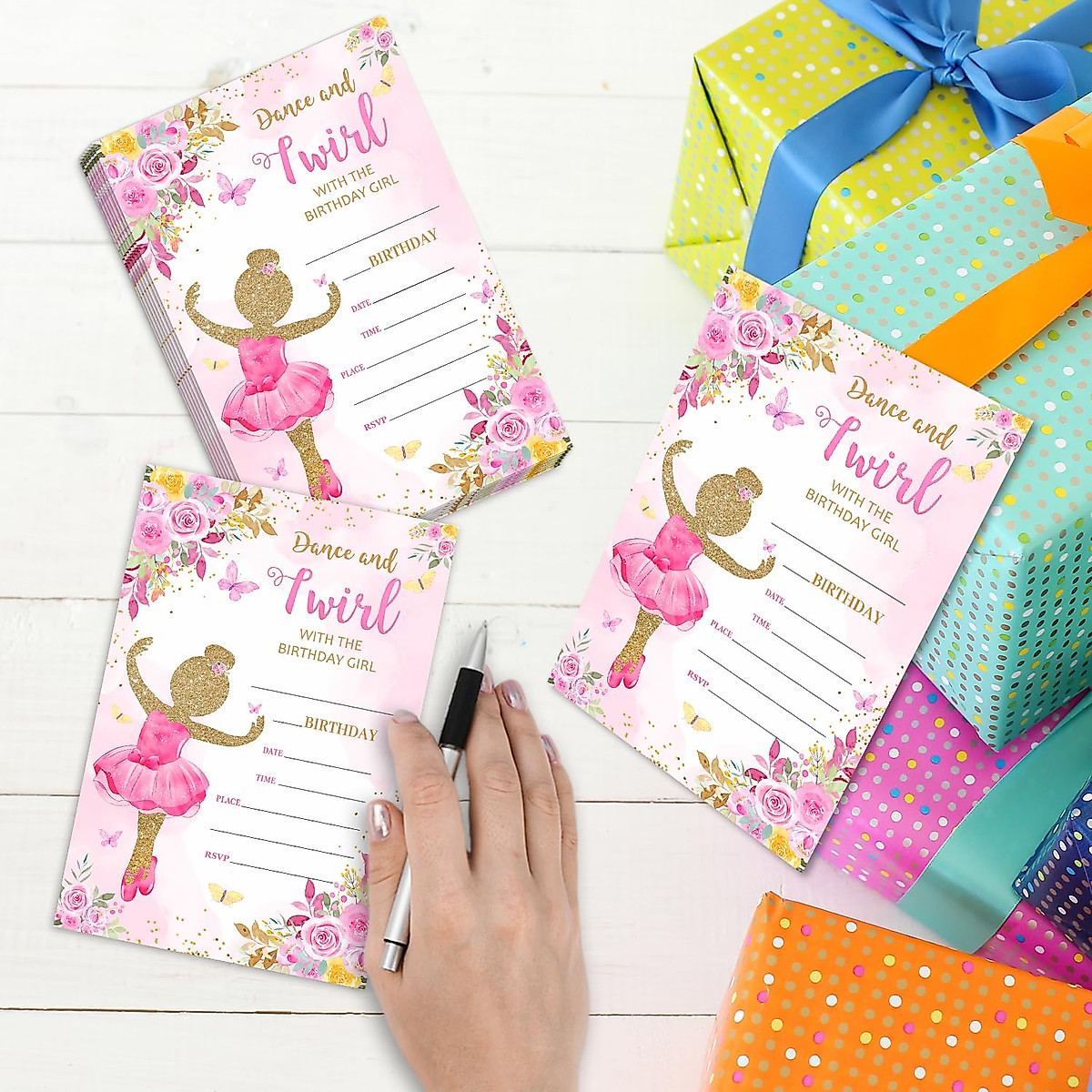 YUEXLL Dance and Twirl Birthday Party Invitations Cards with Envelopes, Gold Ballet Dance Party Invitations, Birthday Celebration Supplies, Double-sided Fill-in bday Invites for Boys Girls- A23