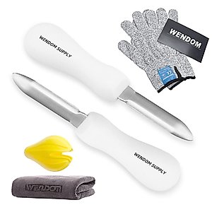 WENDOM Oyster Shucking Knife and Gloves Set Included 2pcs Oyster Shucker Opener New Haven Style, Cut Resistant Glove Professional Guard (1Cloth+1Squeezer)