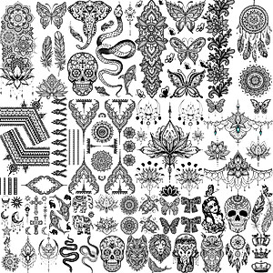 Bilizar 32 Sheets 89+ PCS Black Lotus Temporary Tattoos For Women Hands Adults Underboob, Tribal Indian Elephant Skull Snake Fake Tattoos, Bulk Bohemia Butterfly Tattoo Kit Sets Mandala Flower Moon