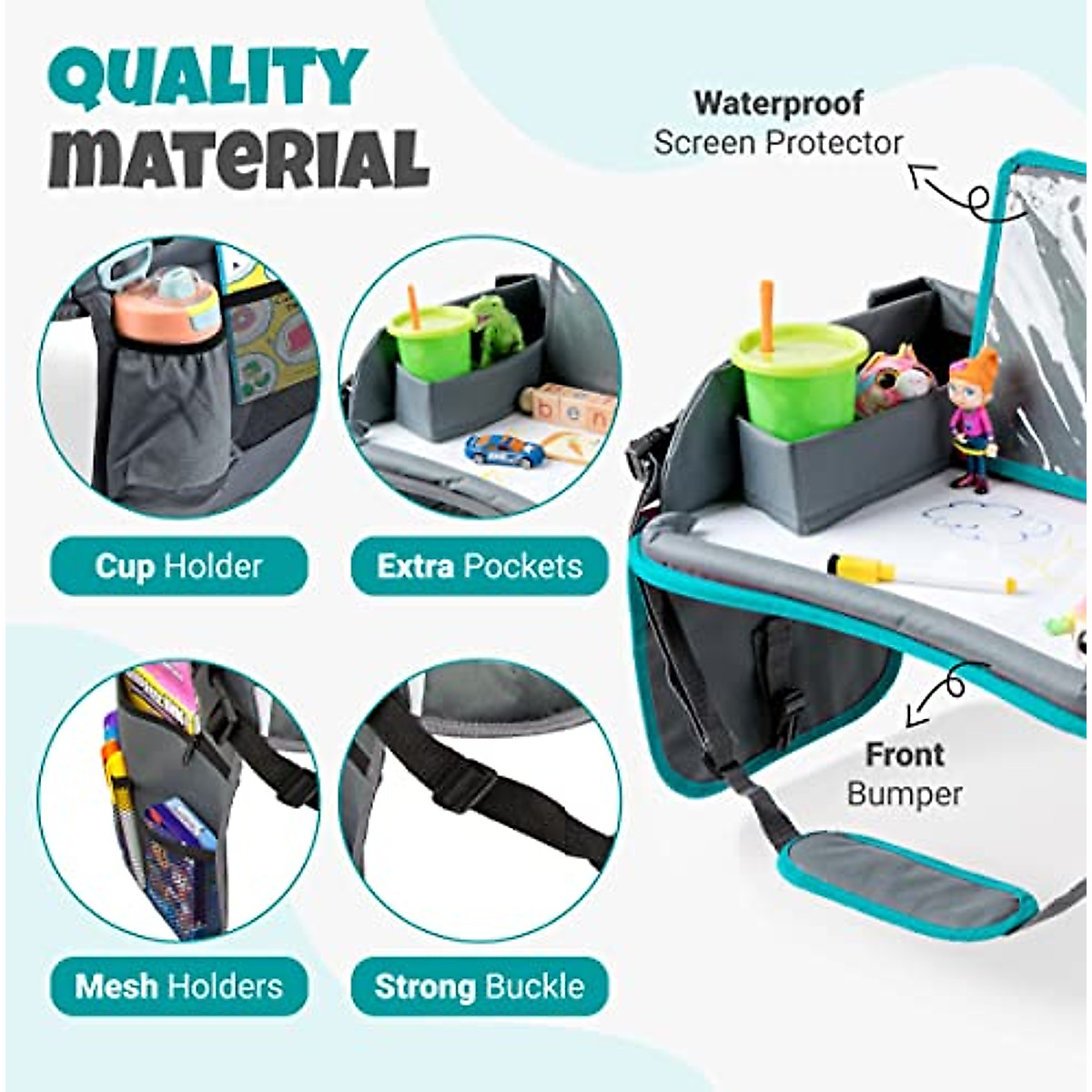 Kids Travel Tray with Dry Erase Board, Car Seat Tray for Food & Play Activity, Carseat Table Trays for Toddler, Kid Activity Desk for Air Travel, No-Drop Tablet Holder & Borders (Grey with Blue Frame)